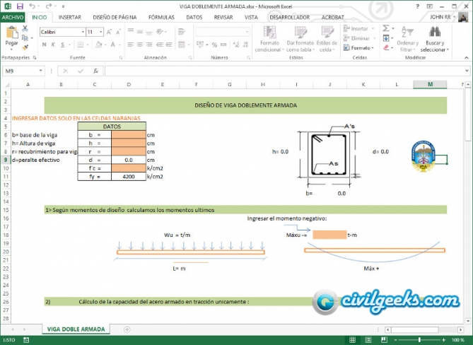 Excel para diseño de viga doblemente armada | CivilGeeks.com