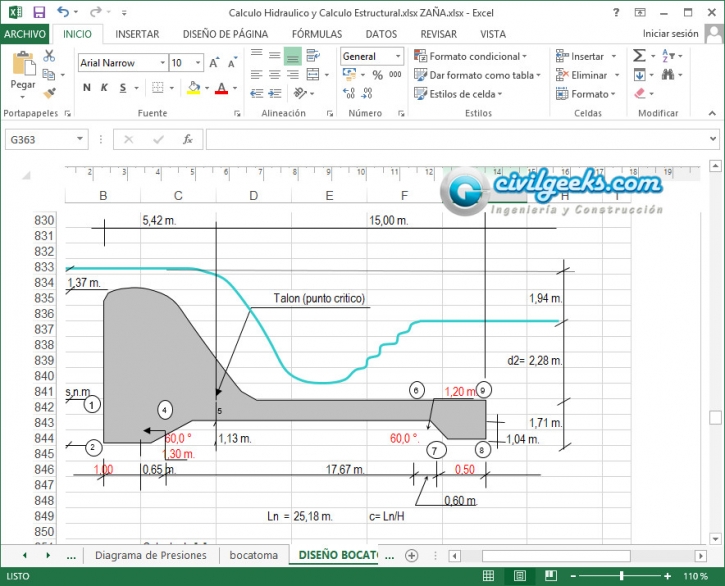 Hoja Excel para diseño hidráulico y estructural de Bocatomas | CivilGeeks.com