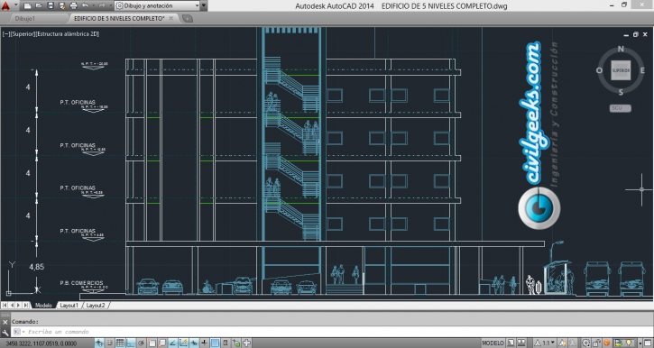 Planos detallados de un Edificio de 5 niveles para oficinas y comercios | CivilGeeks.com