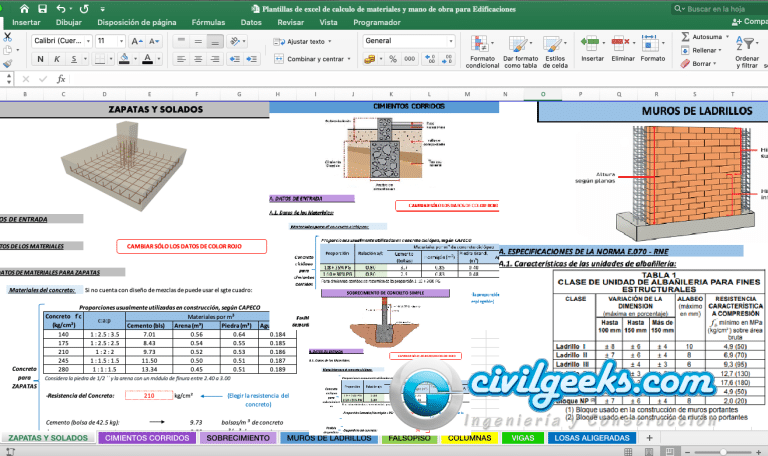 Hoja de Excel para el cálculo de Materiales y mano de Obra para Edificaciones | CivilGeeks.com